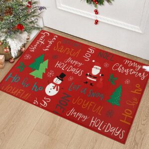 haperlare christmas decorative doormat 17x29 snowman and christmas tree welcome mat xmas holiday non-slip doormat for outdoor indoor entrance floor mat, red, 17" x 29"