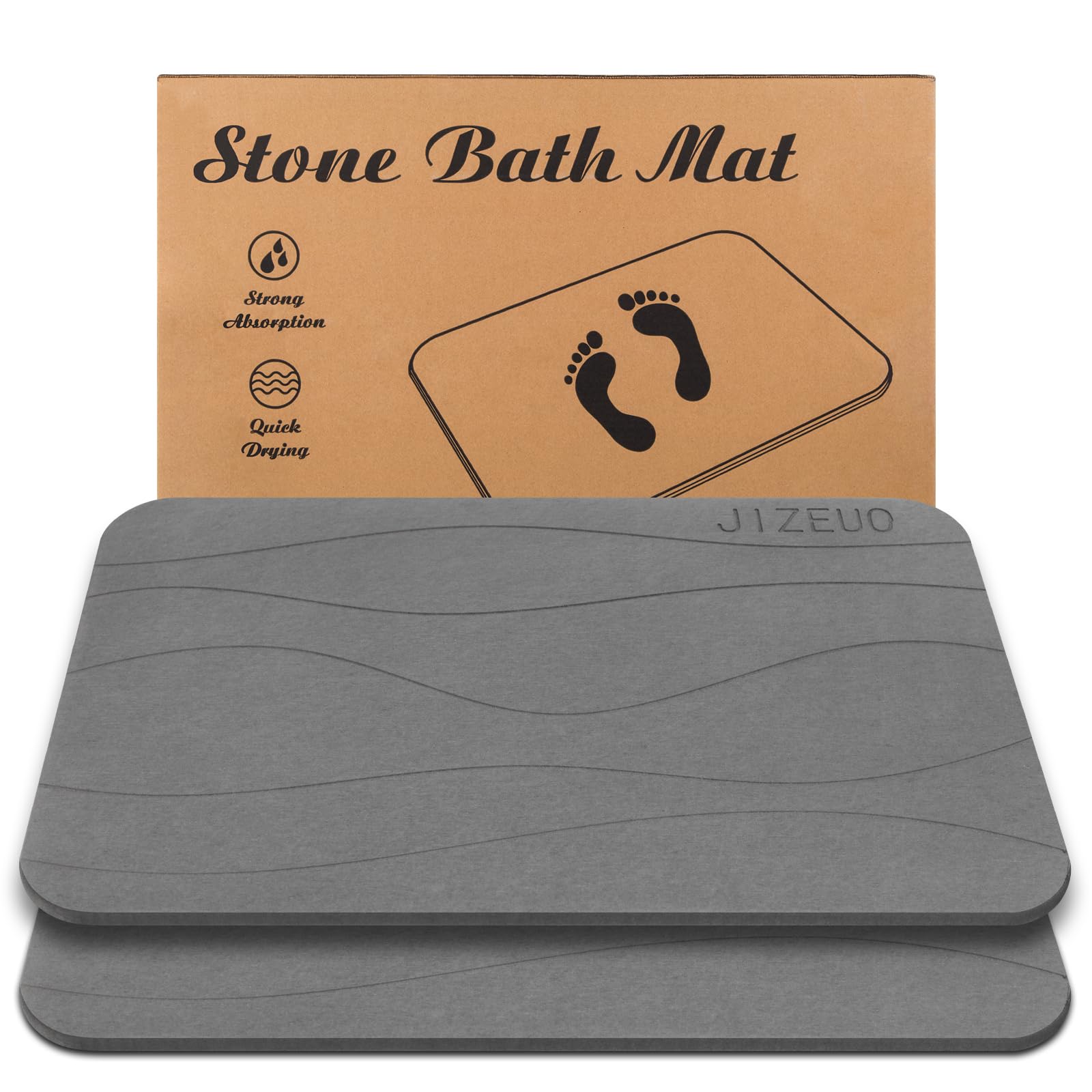 JIZEUO Stone Bath Mat, Diatomaceous Earth Shower Mat, Non-Slip Super Absorbent Quick Drying Bathroom Floor Mat，2 Pack, Grey