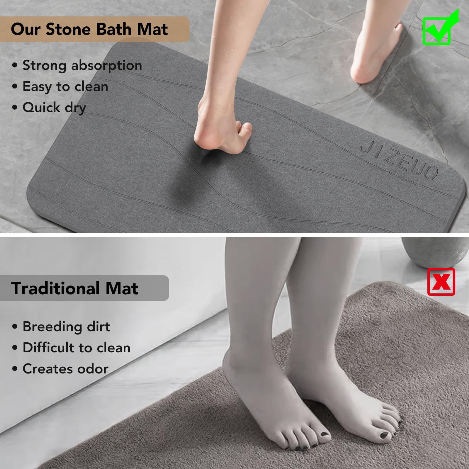 JIZEUO Stone Bath Mat, Diatomaceous Earth Shower Mat, Non-Slip Super Absorbent Quick Drying Bathroom Floor Mat，2 Pack, Grey