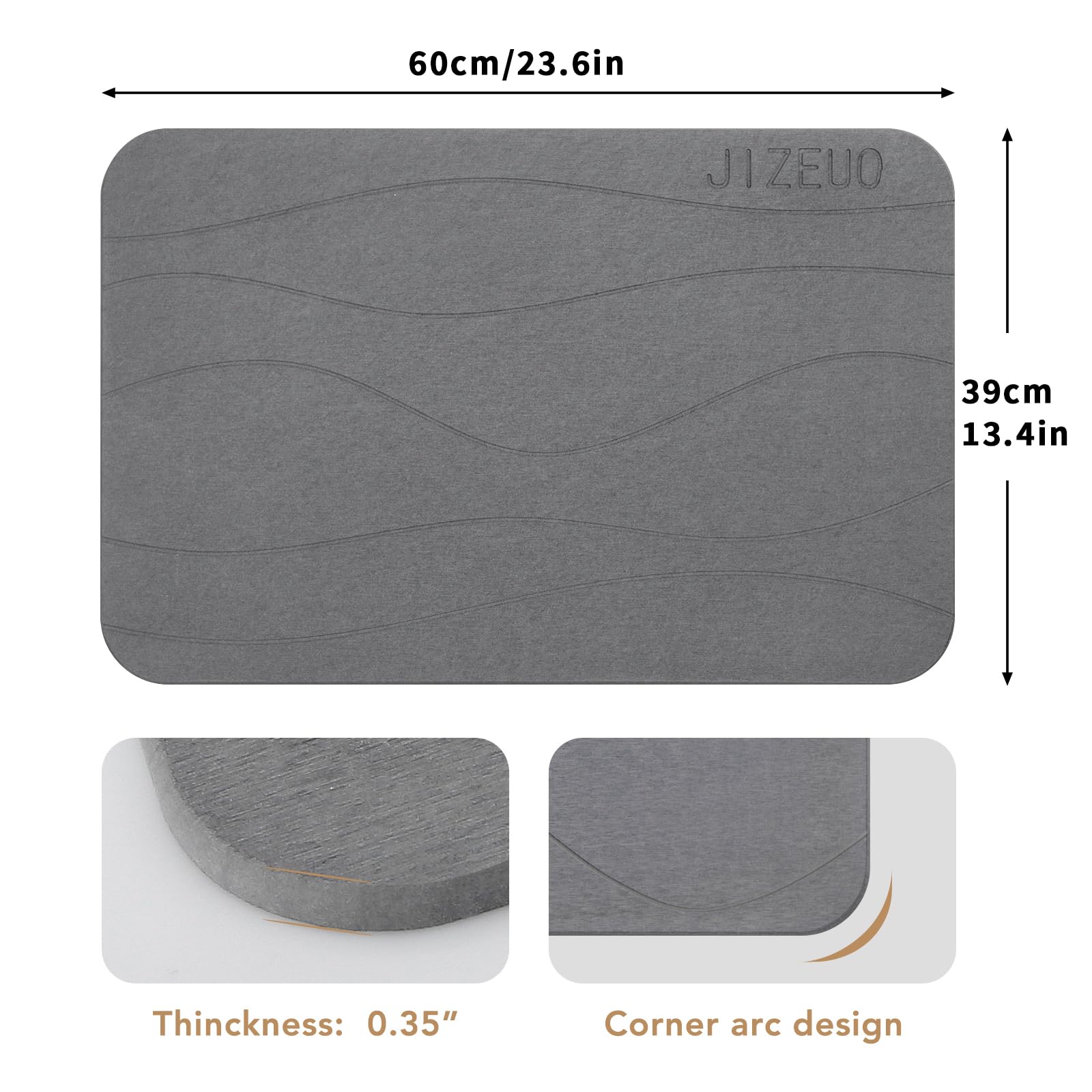 JIZEUO Stone Bath Mat, Diatomaceous Earth Shower Mat, Non-Slip Super Absorbent Quick Drying Bathroom Floor Mat，2 Pack, Grey