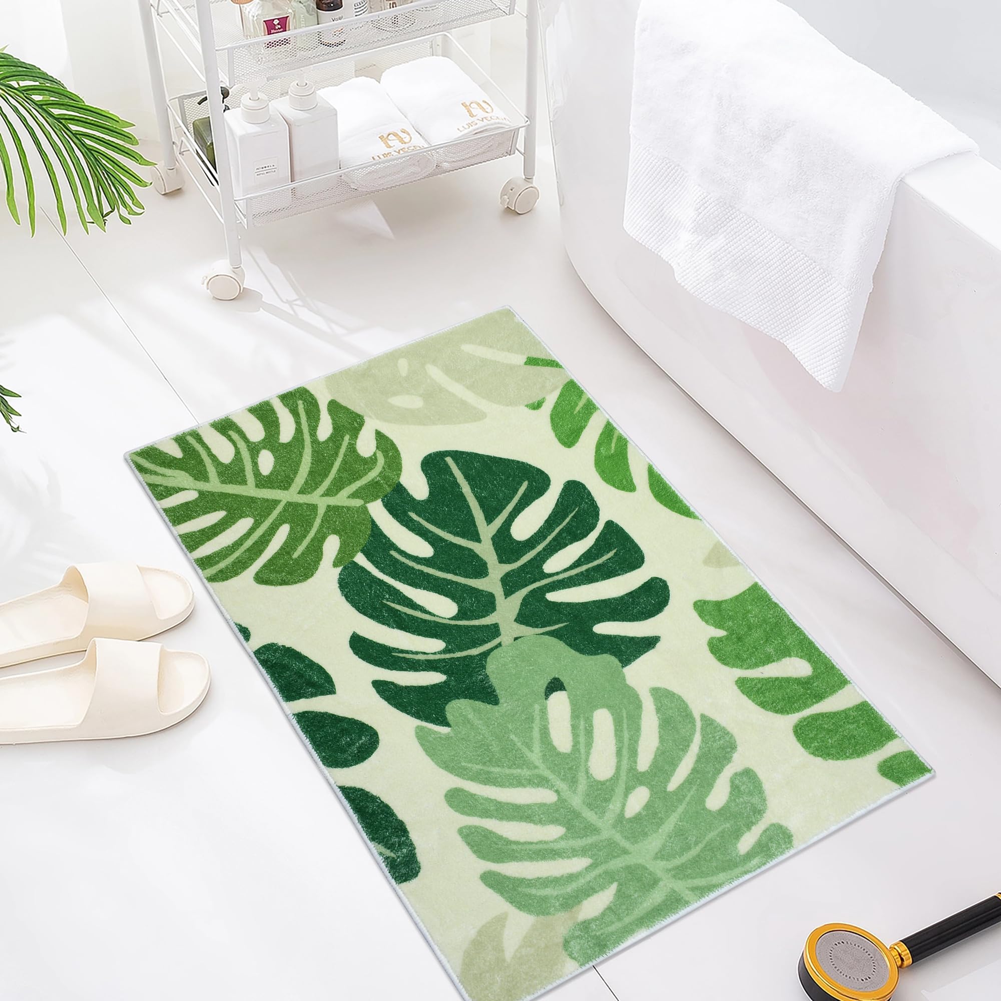 Green Bathroom Rug 2x3 Washable Area Rug Soft Non-Slip Bath Mats Cute Leaf Bathroom RugsNon Shedding Floor Mat Carpet for Bedroom Bathroom Entryway