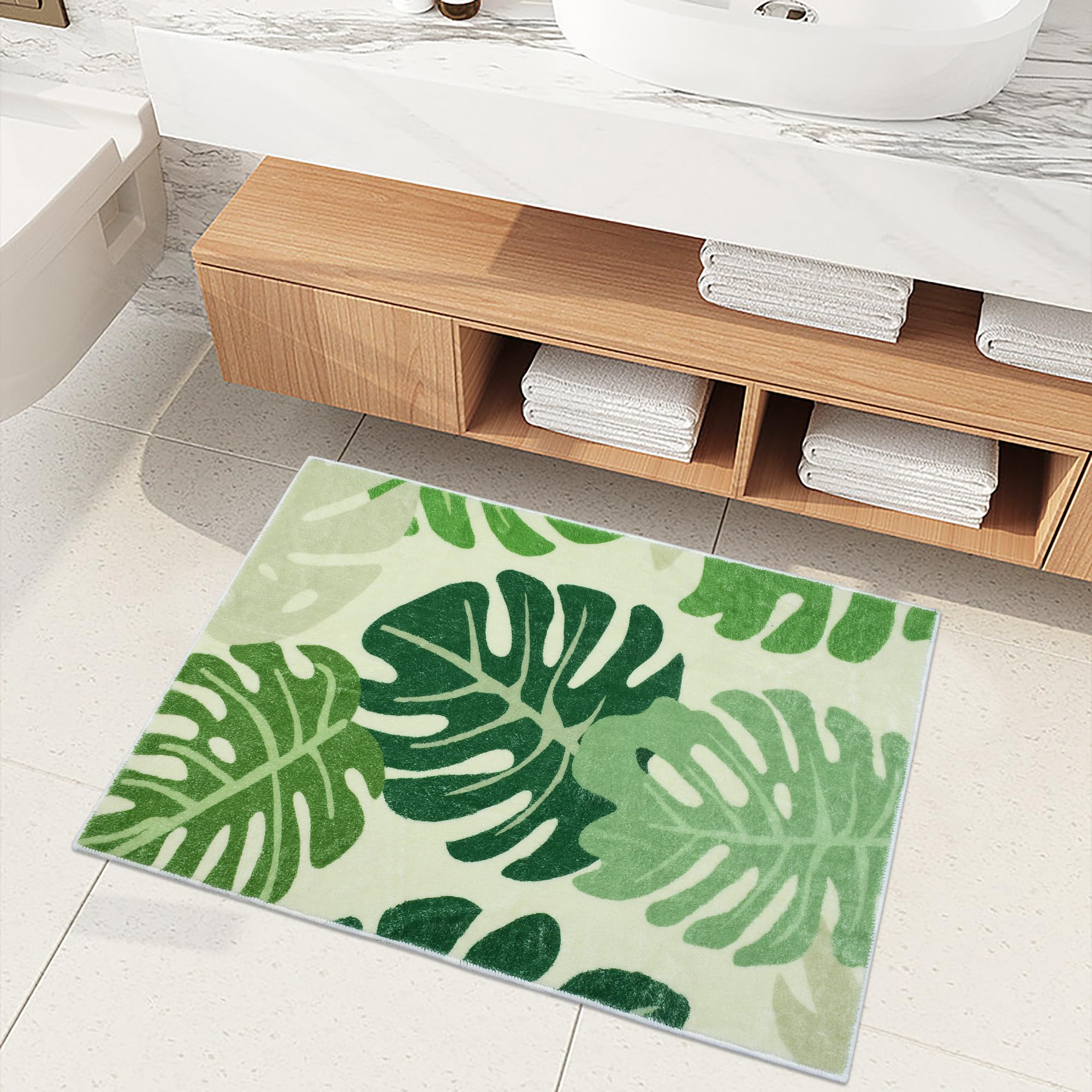 Green Bathroom Rug 2x3 Washable Area Rug Soft Non-Slip Bath Mats Cute Leaf Bathroom RugsNon Shedding Floor Mat Carpet for Bedroom Bathroom Entryway