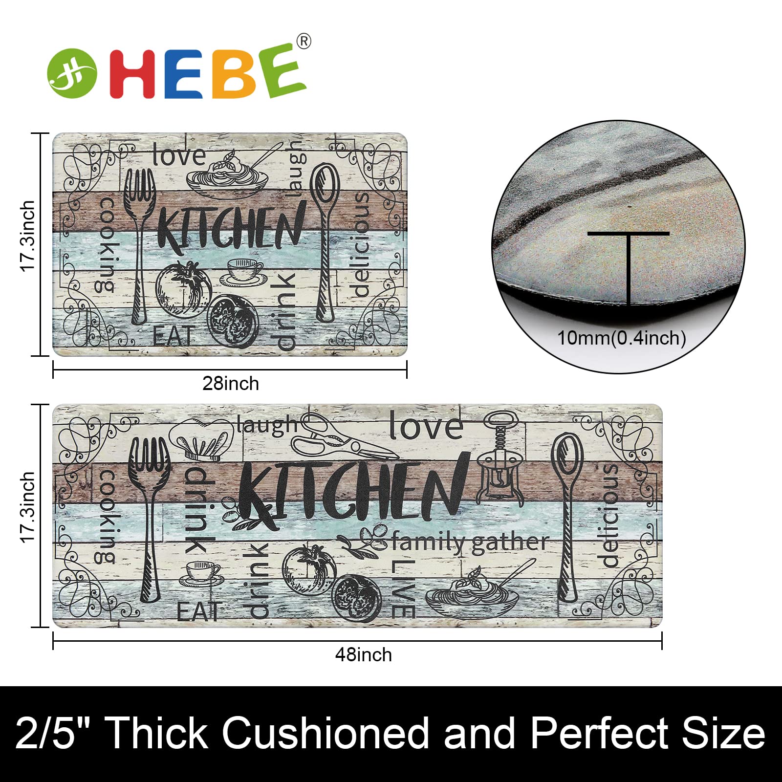 HEBE Anti Fatigue Kitchen Rug Set of 2 Non Slip Cushioned Kitchen Mats for Floor Waterproof Comfort Kitchen Rugs and Mats Farmhouse Chef Mats Floor Carpet for Sink,Laundry Room