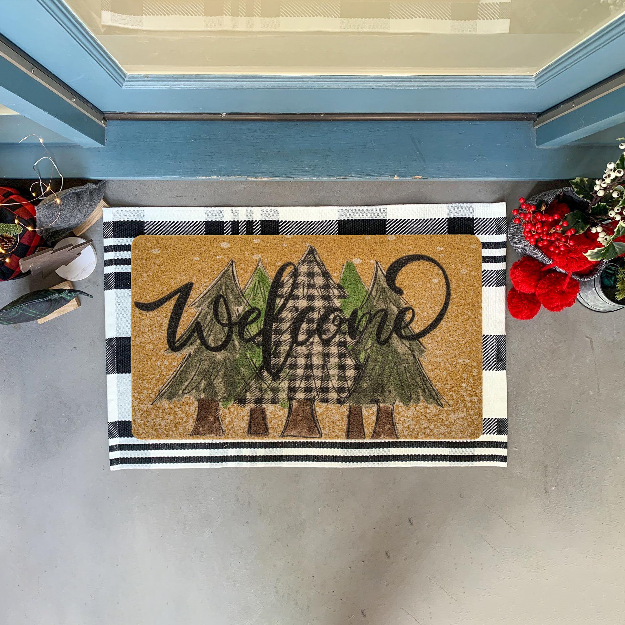 UTOWO Winter Xmas Welcome-Doormat Non-Slip Front-Door-Mats - Plaid Pine-Tree Snow Entrance Mat Porch Home Christmas Decor