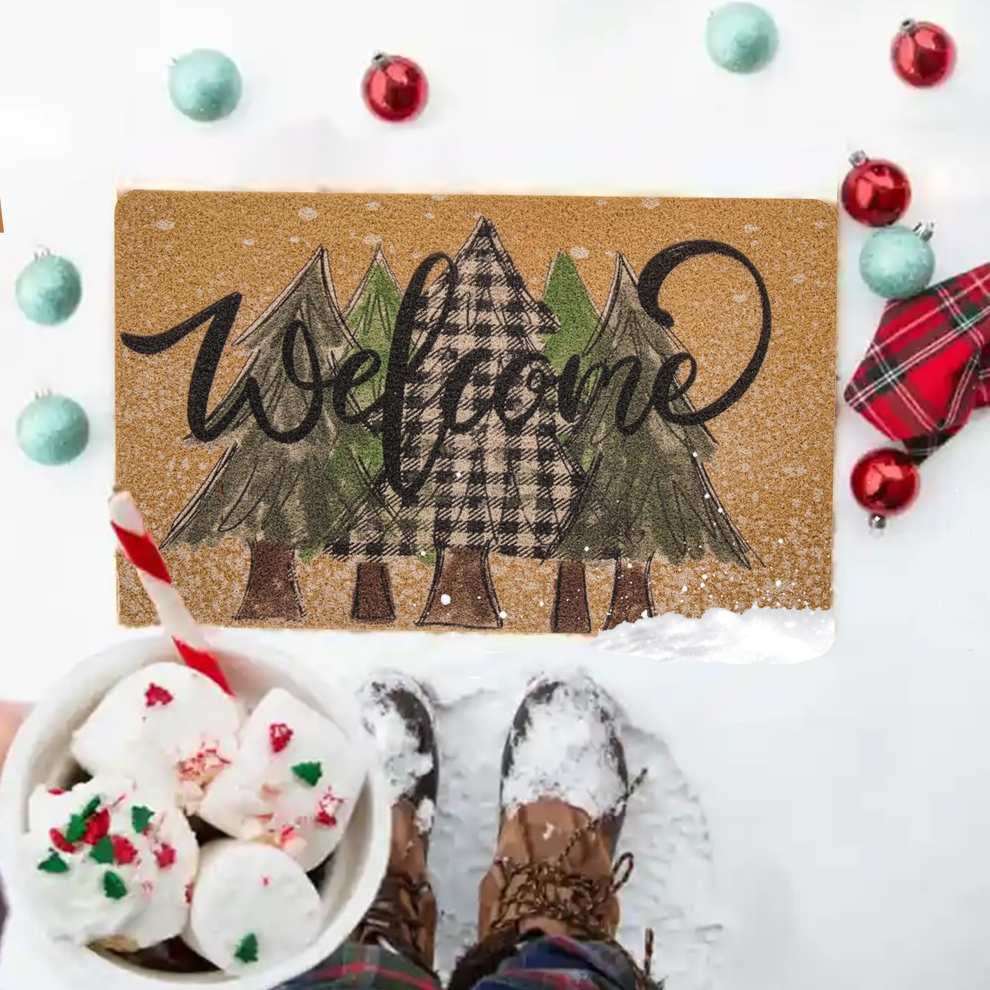 UTOWO Winter Xmas Welcome-Doormat Non-Slip Front-Door-Mats - Plaid Pine-Tree Snow Entrance Mat Porch Home Christmas Decor