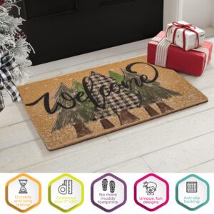 UTOWO Winter Xmas Welcome-Doormat Non-Slip Front-Door-Mats - Plaid Pine-Tree Snow Entrance Mat Porch Home Christmas Decor