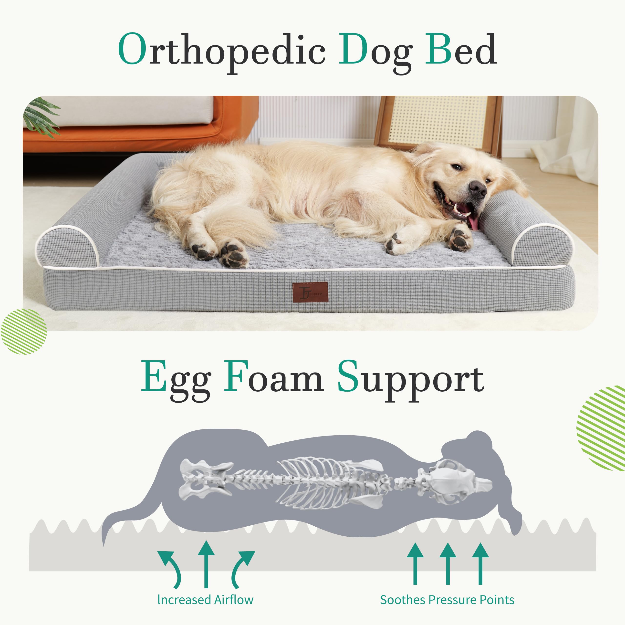 TJSOULER Orthopedic Dog Beds for Large Dogs,Waterproof Lined Egg Crate Foam Pet Bed Mat with Removable and Washable Cover and Non Slip Bottom,Dog Sofa Bed