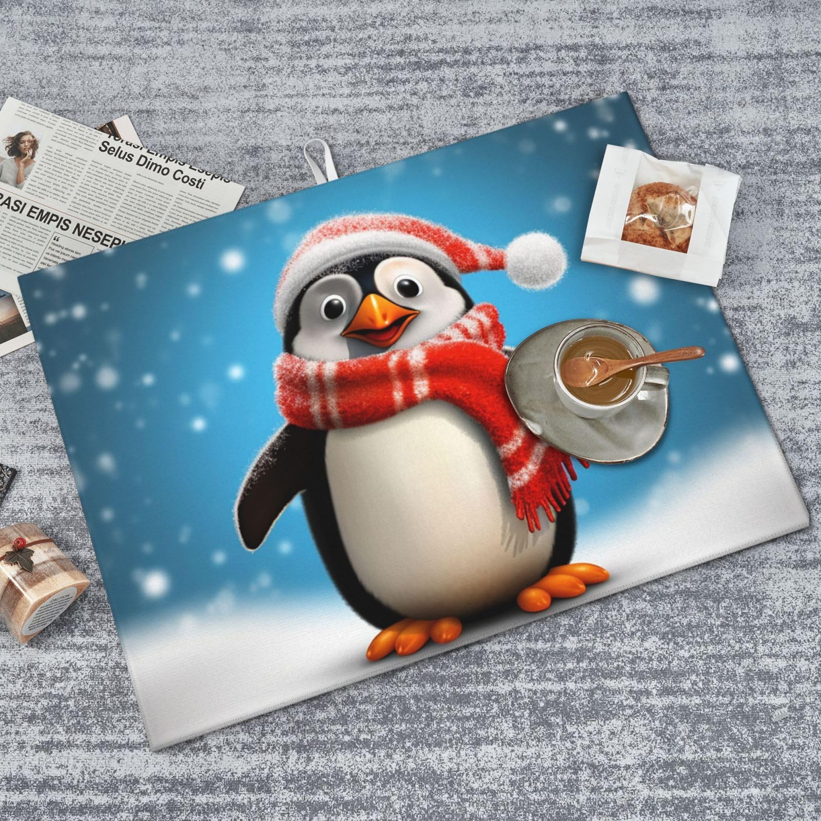 Christmas Funny Penguin Dish Drying Mat for Kitchen 18x24 inch Dish Drying Mats Super Absorbent Drying Mat for Kitchen Counter Drainer Mat Non-slip Coffee Mat Easy to Clean Kitchen Drying Mat