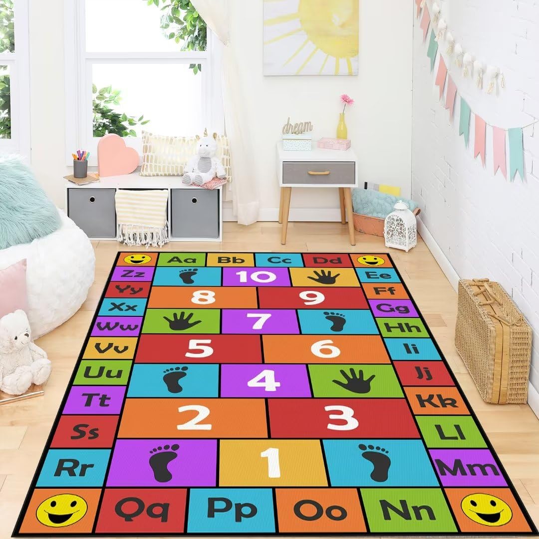 Kid Hopscotch Play Rug, ABC Alphabet Number Educational Carpet, Playroom Classroom Mat Non-Slip Washable (Red 31x47 in)