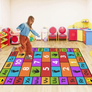 Kid Hopscotch Play Rug, ABC Alphabet Number Educational Carpet, Playroom Classroom Mat Non-Slip Washable (Red 31x47 in)