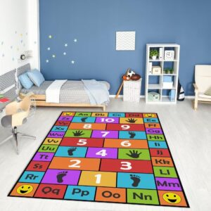 Kid Hopscotch Play Rug, ABC Alphabet Number Educational Carpet, Playroom Classroom Mat Non-Slip Washable (Red 31x47 in)