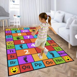 Kid Hopscotch Play Rug, ABC Alphabet Number Educational Carpet, Playroom Classroom Mat Non-Slip Washable (Red 31x47 in)