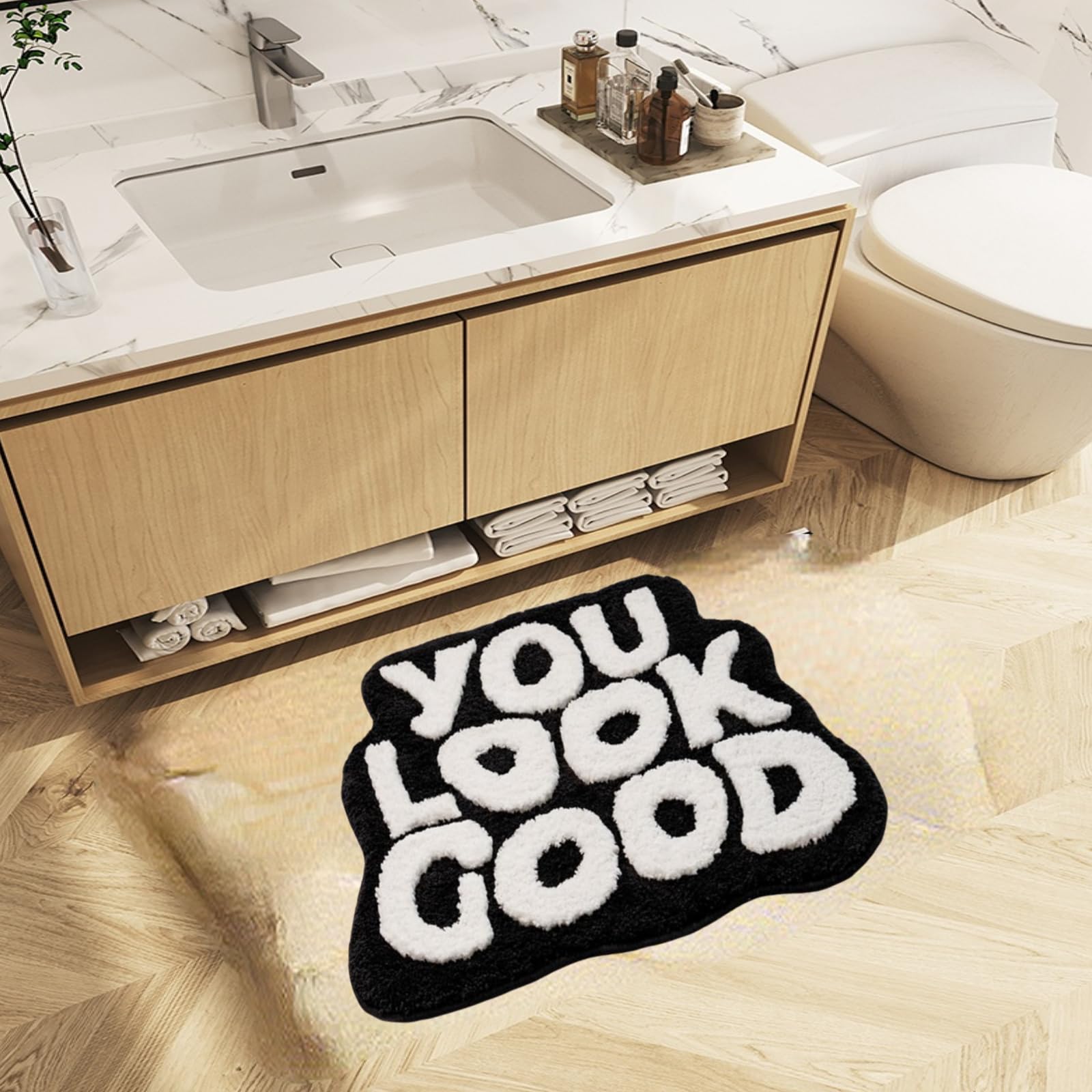 JAYLUN Bath Mat You Look Good Bath Mat Bathroom Rugs Black Bathroom Rug Funny Bathroom Mat Cute Bath Mat Cool Rugs for Bedroom Absorbent Bath Mat Non Slip Mat (Black, 25x21 inch)