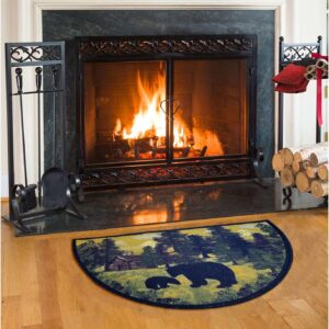 Cozy Floor Mats Hearth Rug for Fireplace, Bear & Cub, Non Slip Kitchen Mat, Green Black Gold Cream, Half Circle, Fire Resistant, Nature, Half Round, Heat Resistant, Cabin Rug (26"x 39")