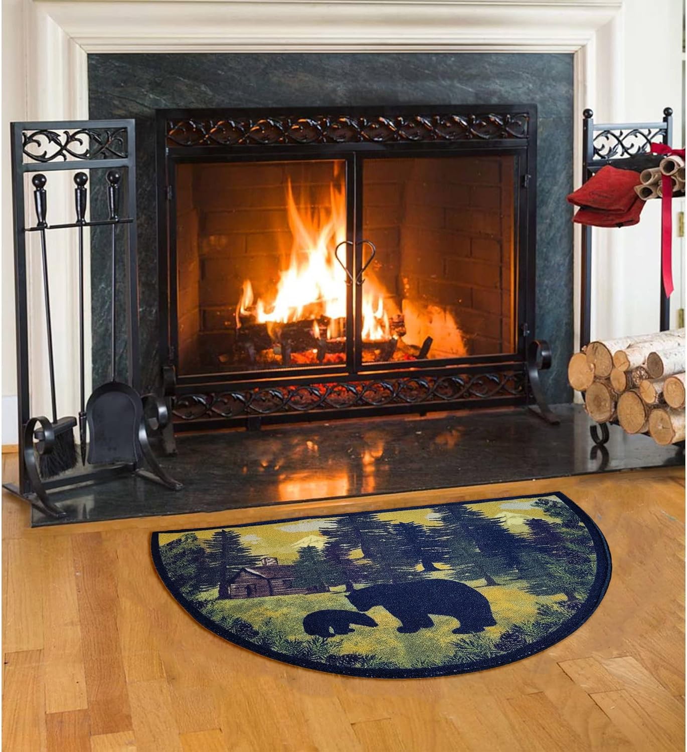 Cozy Floor Mats Hearth Rug for Fireplace, Bear & Cub, Non Slip Kitchen Mat, Green Black Gold Cream, Half Circle, Fire Resistant, Nature, Half Round, Heat Resistant, Cabin Rug (26"x 39")