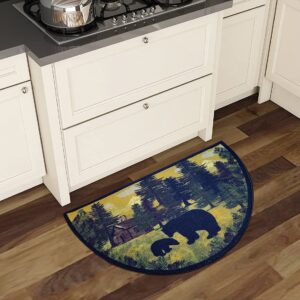 Cozy Floor Mats Hearth Rug for Fireplace, Bear & Cub, Non Slip Kitchen Mat, Green Black Gold Cream, Half Circle, Fire Resistant, Nature, Half Round, Heat Resistant, Cabin Rug (26"x 39")