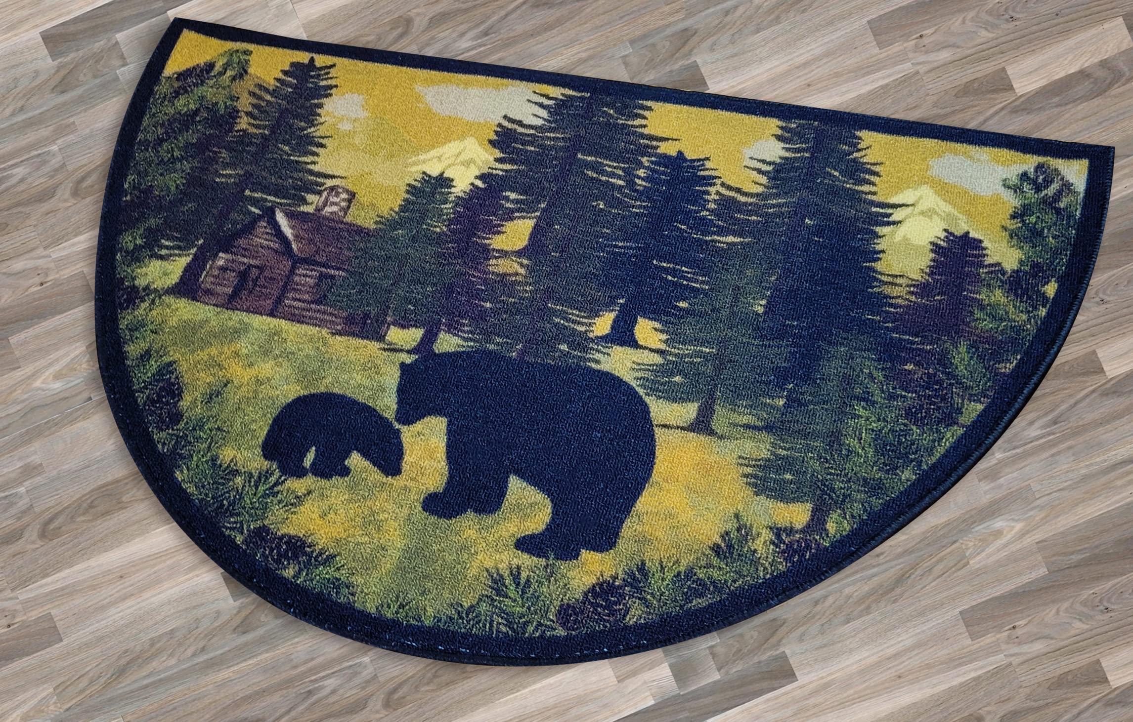 Cozy Floor Mats Hearth Rug for Fireplace, Bear & Cub, Non Slip Kitchen Mat, Green Black Gold Cream, Half Circle, Fire Resistant, Nature, Half Round, Heat Resistant, Cabin Rug (26"x 39")