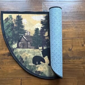 Cozy Floor Mats Hearth Rug for Fireplace, Bear & Cub, Non Slip Kitchen Mat, Green Black Gold Cream, Half Circle, Fire Resistant, Nature, Half Round, Heat Resistant, Cabin Rug (26"x 39")