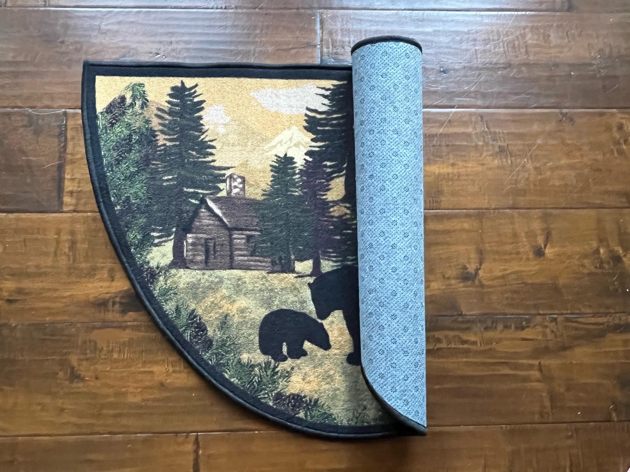 Cozy Floor Mats Hearth Rug for Fireplace, Bear & Cub, Non Slip Kitchen Mat, Green Black Gold Cream, Half Circle, Fire Resistant, Nature, Half Round, Heat Resistant, Cabin Rug (26"x 39")