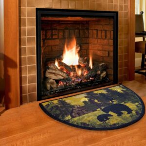 Cozy Floor Mats Hearth Rug for Fireplace, Bear & Cub, Non Slip Kitchen Mat, Green Black Gold Cream, Half Circle, Fire Resistant, Nature, Half Round, Heat Resistant, Cabin Rug (26"x 39")