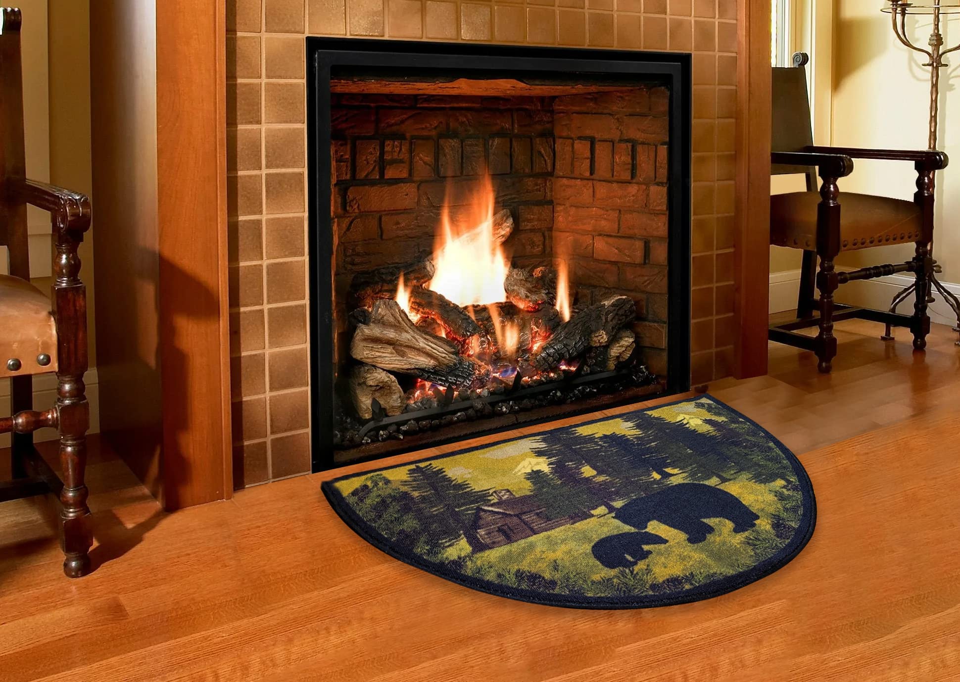 Cozy Floor Mats Hearth Rug for Fireplace, Bear & Cub, Non Slip Kitchen Mat, Green Black Gold Cream, Half Circle, Fire Resistant, Nature, Half Round, Heat Resistant, Cabin Rug (26"x 39")