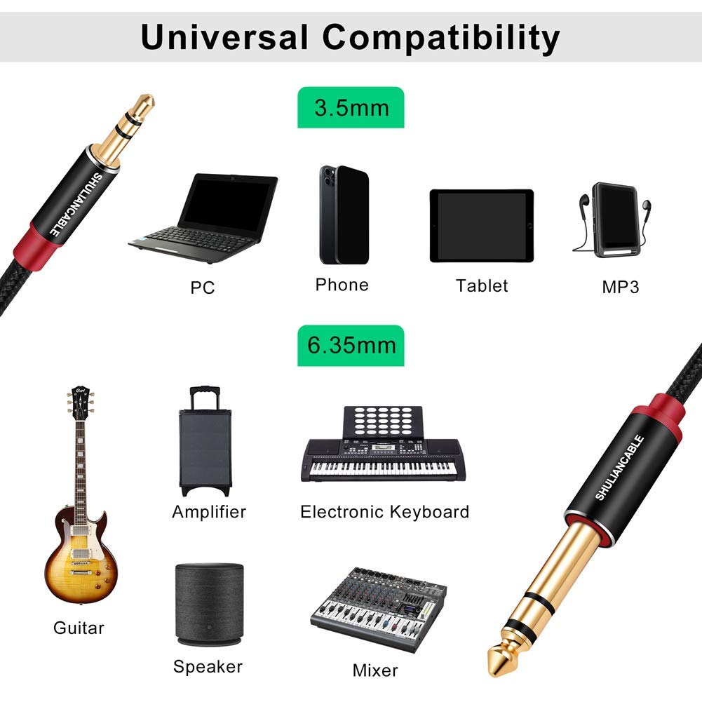 SHULIANCABLE 3.5mm to 6.35mm Stereo Audio Cable, 6.35 1/4" Male to 3.5 1/8" Male TRS Stereo Audio Cable for Guitar,iPod, Laptop, Home Theater Devices,Smartphones,and Amplifiers (15Ft/5M)