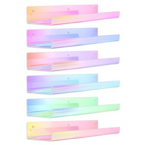 upsimples 6 pack acrylic shelves for wall storage, 15" floating shelves, kids bookshelf, nail polish holder, perfume display shelf organizer for bathroom, bedroom, living room, iridescent