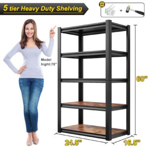 REIBII 3000LBS Garage Shelving Units and Storage Shelves Heavy Duty Garage Storage Shelves Adjustable 5 Tier Metal Shelves for Storage Rack Closet Kitchen Pantry Shelves, 60''H X 24.5''W X 16.5''D