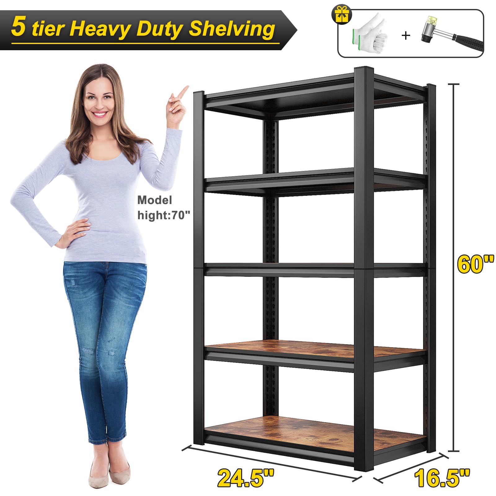 REIBII 3000LBS Garage Shelving Units and Storage Shelves Heavy Duty Garage Storage Shelves Adjustable 5 Tier Metal Shelves for Storage Rack Closet Kitchen Pantry Shelves, 60''H X 24.5''W X 16.5''D