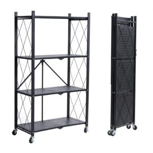 brian & dany 4-shelf foldable storage shelves with wheels, folding metal rack shelving unit, heavy duty no assembly organizer shelf for garage, kitchen, basement, pantry, black