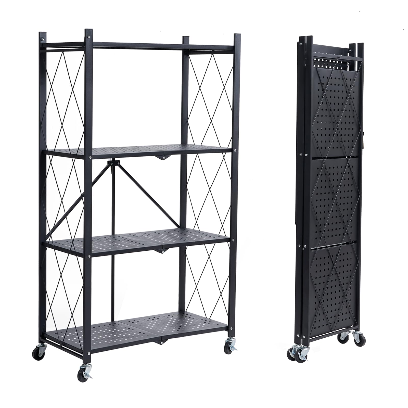 BRIAN & DANY 4-Shelf Foldable Storage Shelves with Wheels, Folding Metal Rack Shelving Unit, Heavy Duty No Assembly Organizer Shelf for Garage, Kitchen, Basement, Pantry, Black