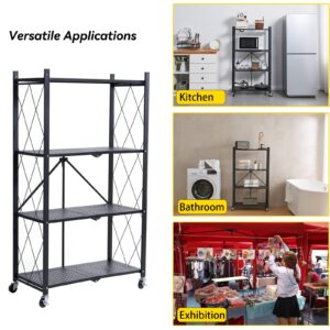 BRIAN & DANY 4-Shelf Foldable Storage Shelves with Wheels, Folding Metal Rack Shelving Unit, Heavy Duty No Assembly Organizer Shelf for Garage, Kitchen, Basement, Pantry, Black