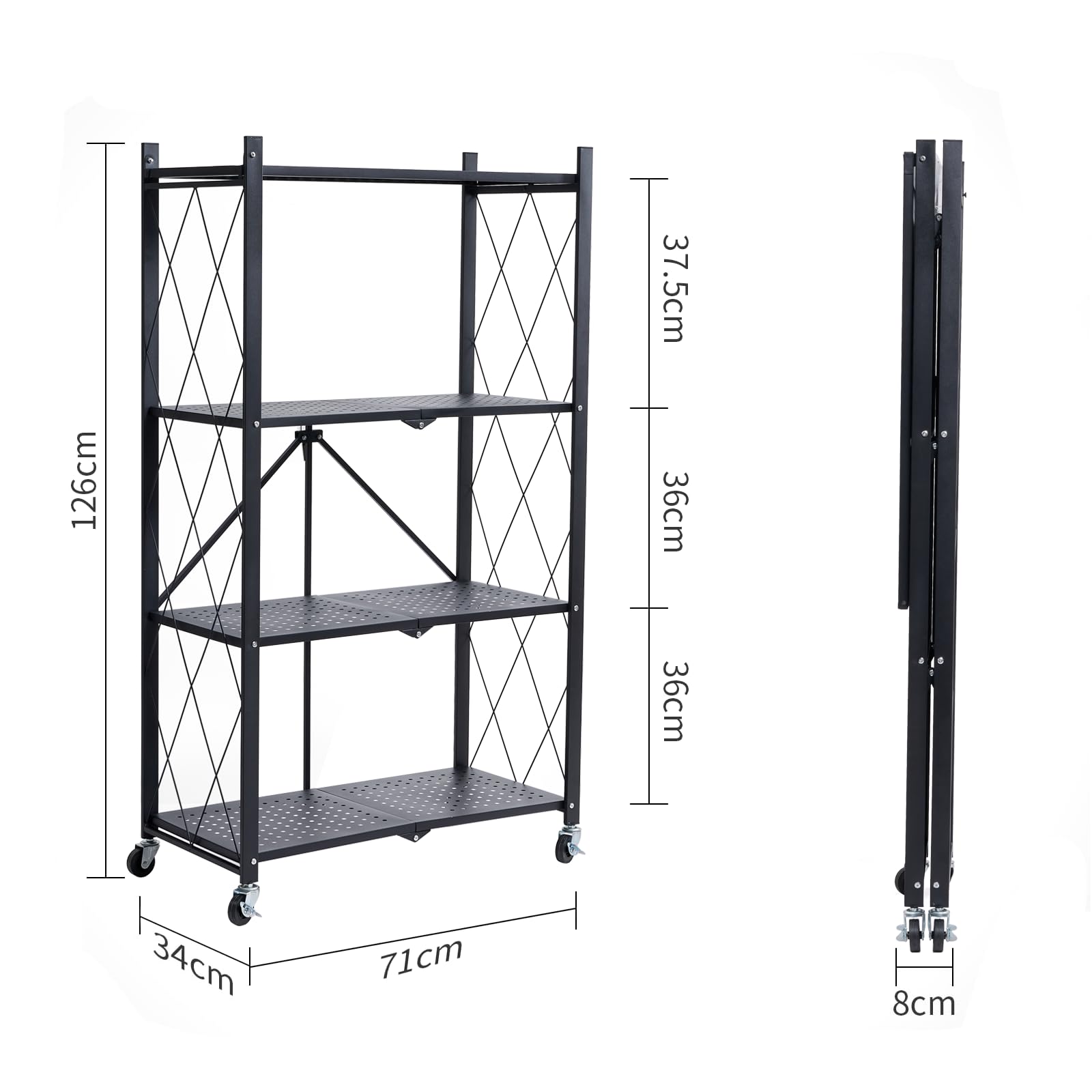 BRIAN & DANY 4-Shelf Foldable Storage Shelves with Wheels, Folding Metal Rack Shelving Unit, Heavy Duty No Assembly Organizer Shelf for Garage, Kitchen, Basement, Pantry, Black