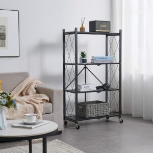 BRIAN & DANY 4-Shelf Foldable Storage Shelves with Wheels, Folding Metal Rack Shelving Unit, Heavy Duty No Assembly Organizer Shelf for Garage, Kitchen, Basement, Pantry, Black