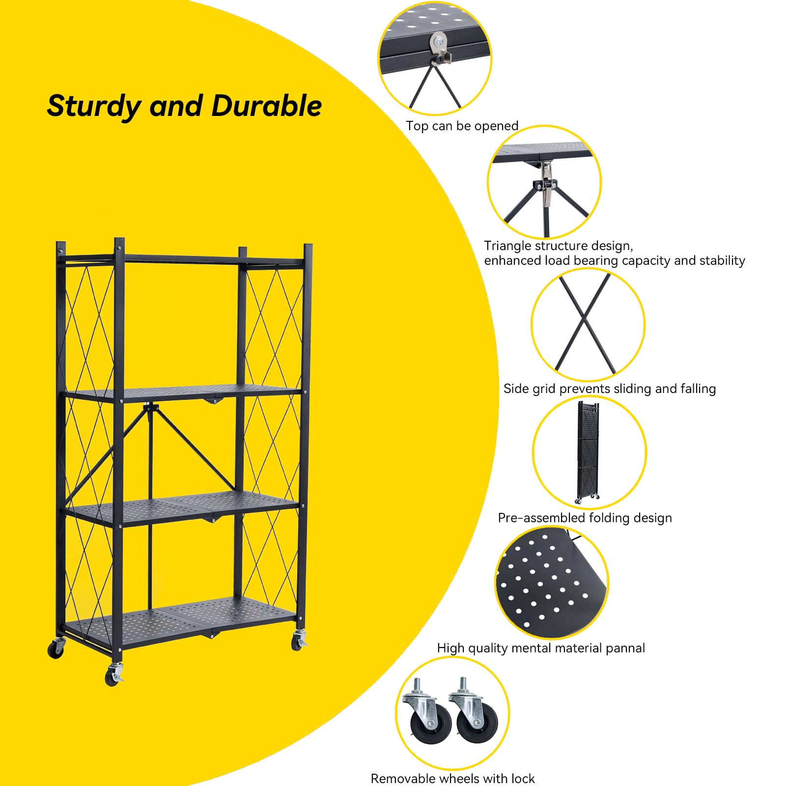 BRIAN & DANY 4-Shelf Foldable Storage Shelves with Wheels, Folding Metal Rack Shelving Unit, Heavy Duty No Assembly Organizer Shelf for Garage, Kitchen, Basement, Pantry, Black