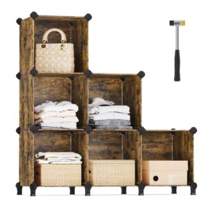 songmics 6 cube storage organizer, diy closet shelf, plastic clothes organizer, modular bookcase, 11.8 x 11.8 x 11.8 inch cubes, with feet and rubber mallet, rustic brown ulpc111a01