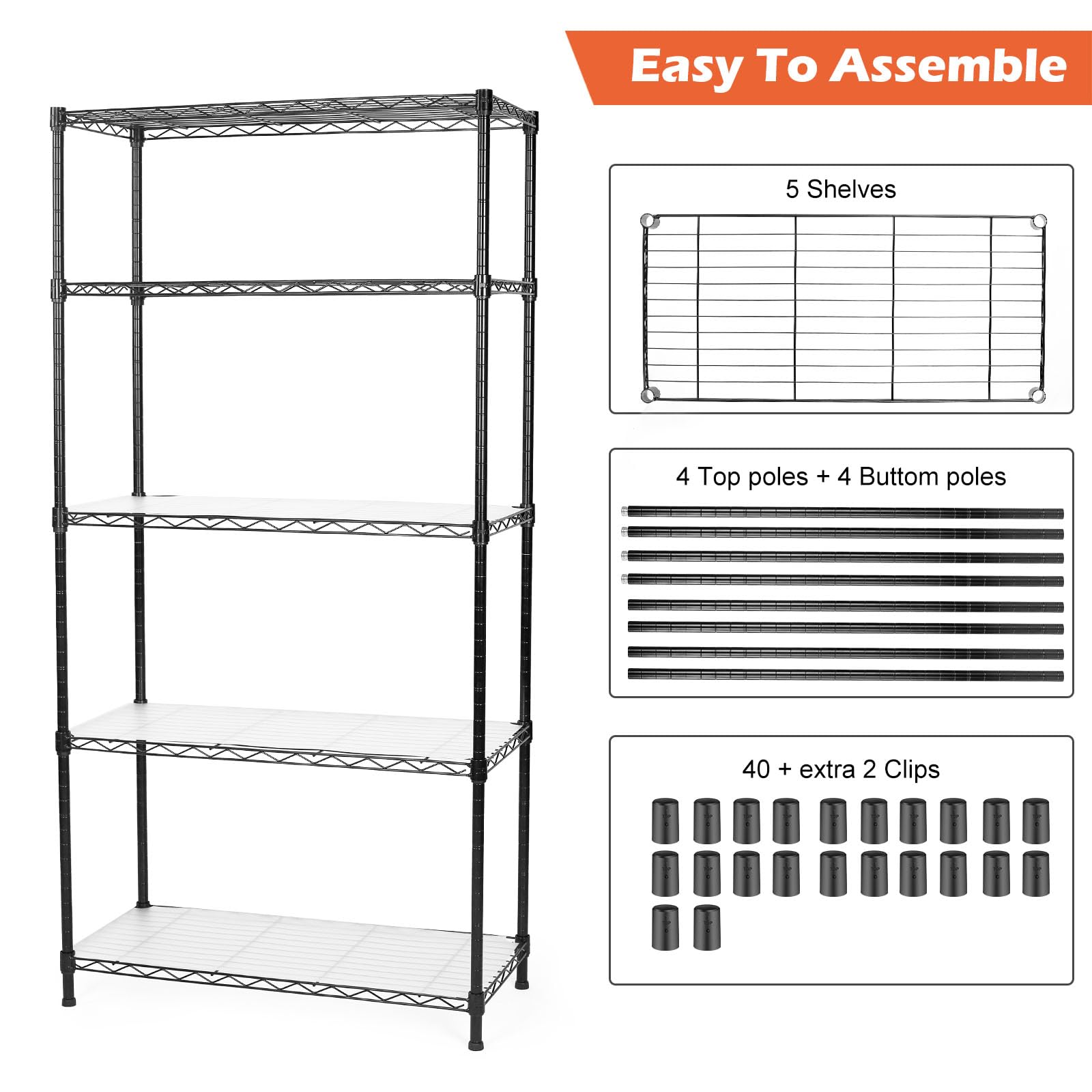 WDT 5 Tier Shelf Shelving Unit with Liners,Adjustable Metal Shelves for Storage, NSF Certified Wire Shelving Rack,1250bs Capacity Storage Shelves for Kitchen Garage,14" D×30" W×60" H