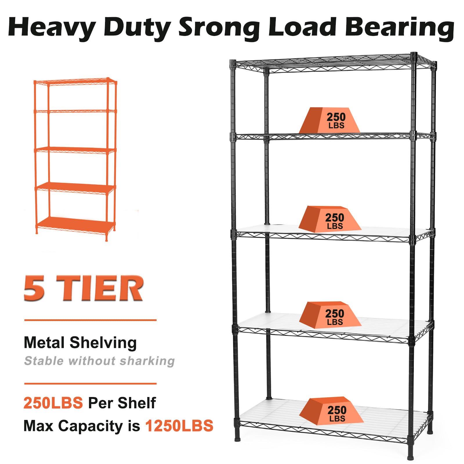 WDT 5 Tier Shelf Shelving Unit with Liners,Adjustable Metal Shelves for Storage, NSF Certified Wire Shelving Rack,1250bs Capacity Storage Shelves for Kitchen Garage,14" D×30" W×60" H