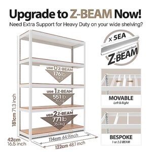 HOMEDANT House Z-Beam White 48" Wide Heavy Duty Garage Storage Shelving Adjustable 5-Tier Metal Shelves Laminated Organization Shelf Industrial Utility Rack Pantry Shed Warehouse Office Store 1Pack