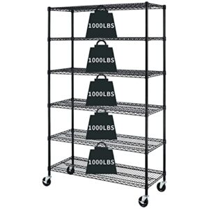 hcy 6-tier storage shelf heavy duty storage shelving unit nsf height adjustable metal storage rack with wheels for laundry bathroom kitchen garage pantry organization-18inx48inx76in (black)