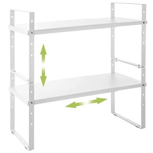 across-star expandable cabinet shelf organizer rack, stackable kitchen counter storage shelves stand, adjustable height pantry shelf spice rack (white, 2 pack)