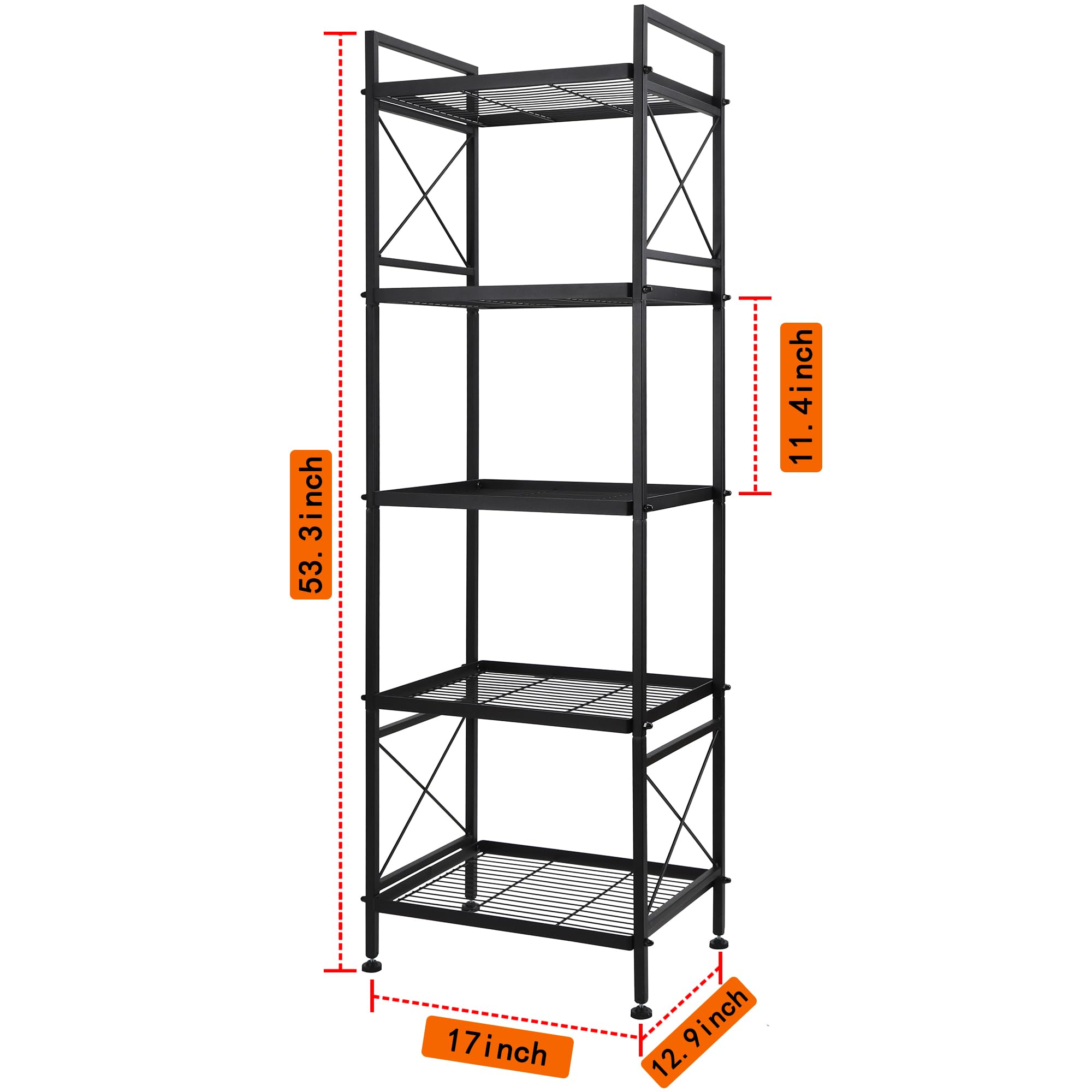 YOHKOH 5 Tier Metal Storage Rack Closet Shelves,Standing Storage Shelf Units for Laundry Bathroom Kitchen Pantry Closet(Black,17.0L x 12.9W x 53.3H)