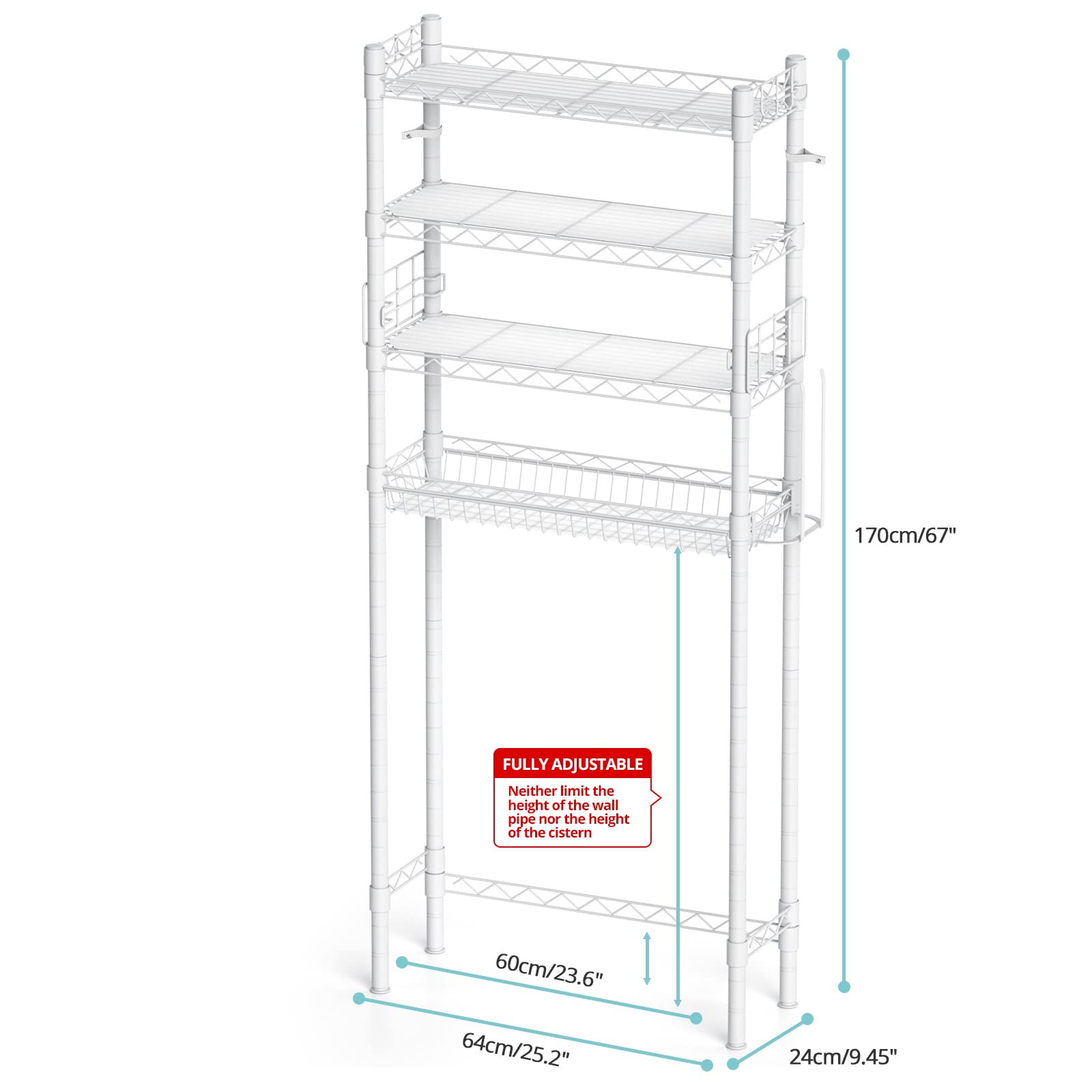 Hodonas Over The Toilet Storage, Bathroom Organizer Shelves Space Saver Over Toilet, above Toilet Storage Rack, Over-The-Toilet Storage Shelf, White