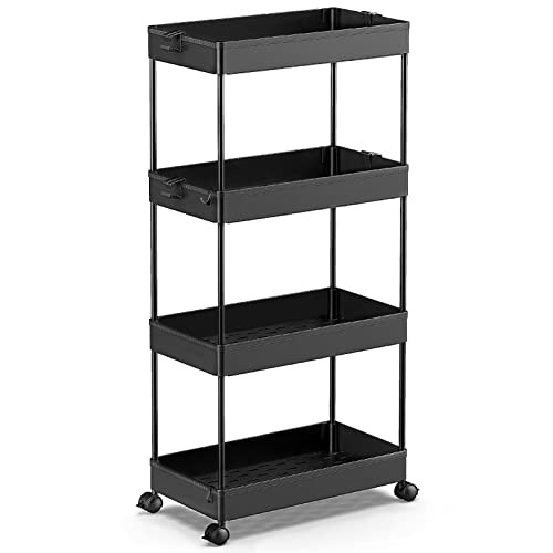 SPACEKEEPER Storage Cart 4-Tier, Bathroom Rolling Cart Utility Storage Organizer Shelf Mobile Shelving Unit for Kitchen Living Room Bathroom Laundry Room & Dressers, Black