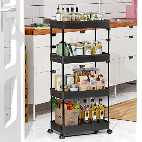 SPACEKEEPER Storage Cart 4-Tier, Bathroom Rolling Cart Utility Storage Organizer Shelf Mobile Shelving Unit for Kitchen Living Room Bathroom Laundry Room & Dressers, Black