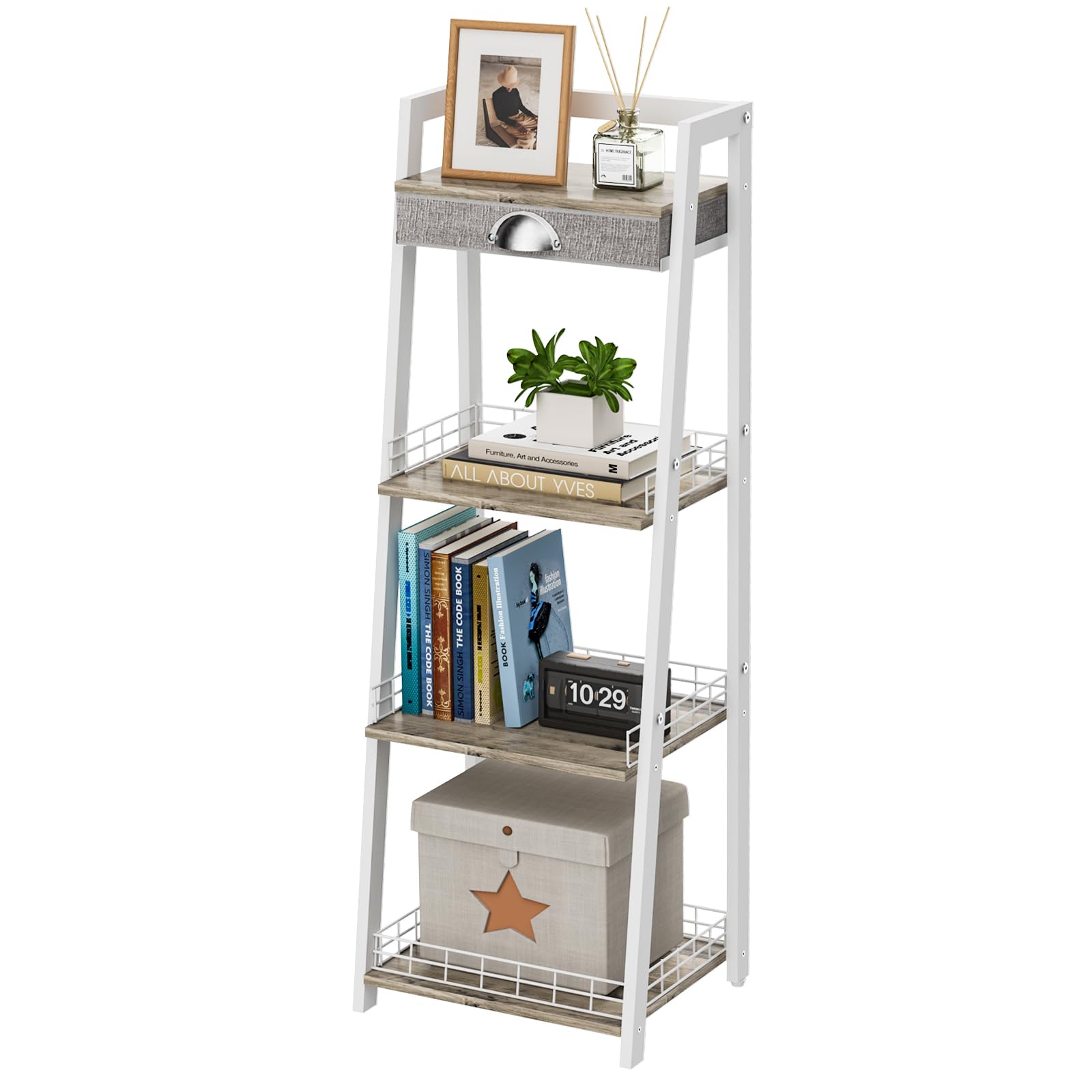 keomaisyto 4-Tier Elegant Ladder Shelf, Bathroom Storage Shelf, Ladder Bookshelf with Drawer, Freestanding Storage Shelves for Bathroom Living Room Study Office, White