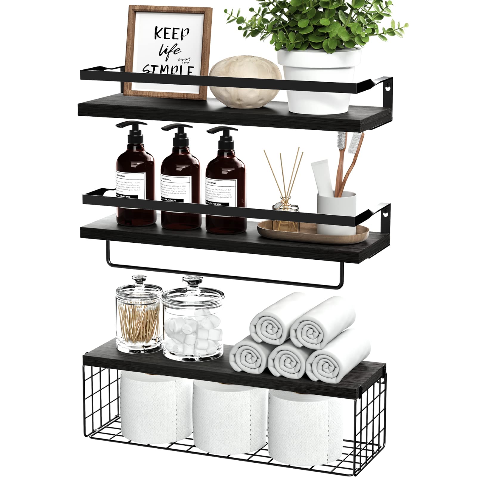 Floating Shelves with Storage Basket, Over Toilet Paper Holder Storage Shelves, Wall Mounted Rustic Wood Shelves for Bathroom, Bedroom, Living Room, Kitchen(Black, Set of 3)