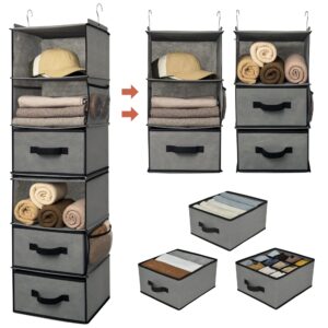 granny says 6-shelf hanging closet organizer, separable to 2 pack 3-shelf, closet organization and storage with 3 different drawers, 4 side pockets wardrobe clothes organizer, gray, 1-pack