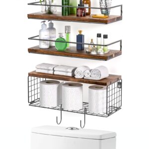 wocopia 3+3 wall mounted bathroom shelf over toilet with toilet paper storage basket & hooks, bathroom organizers and storage, hanging corner shelf floating shelves for bathroom wall room decor brown