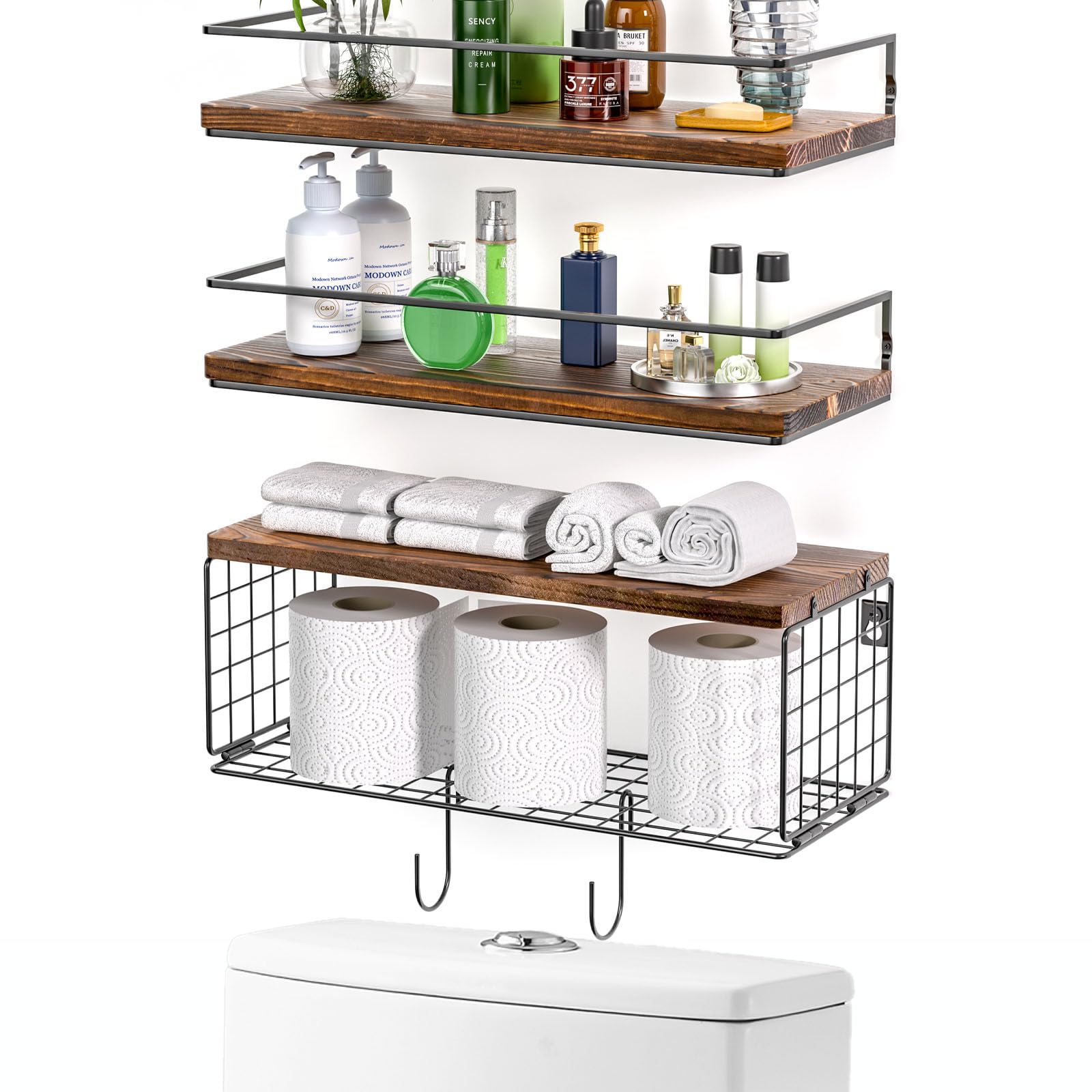 WOCOPIA 3+3 Wall Mounted Bathroom Shelf Over Toilet with Toilet Paper Storage Basket & Hooks, Bathroom Organizers and Storage, Hanging Corner Shelf Floating Shelves for Bathroom Wall Room Decor Brown